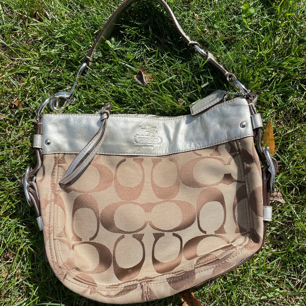 Silver & Tan Zoe Signature Hobo Coach Bag - Gem